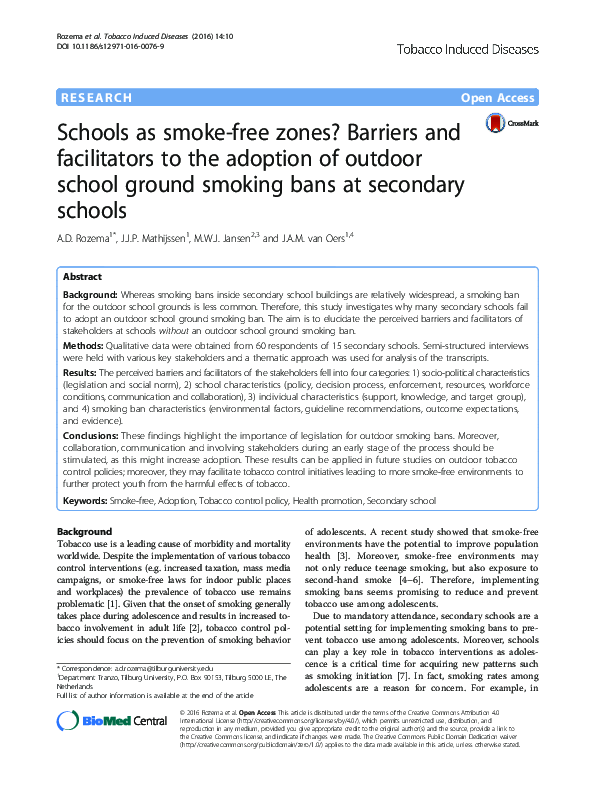 (PDF) Schools as smoke-free zones? Barriers and facilitators to the ...