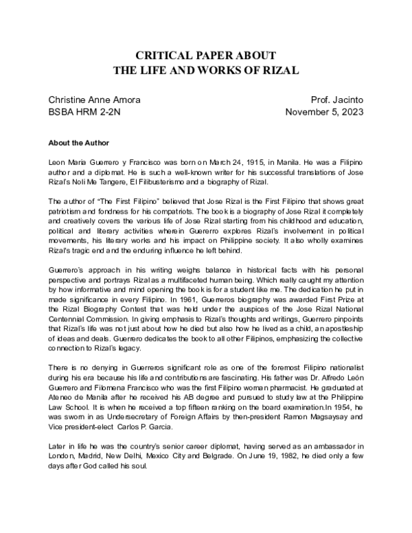(PDF) CRITICAL PAPER ABOUT THE LIFE AND WORKS OF RIZAL
