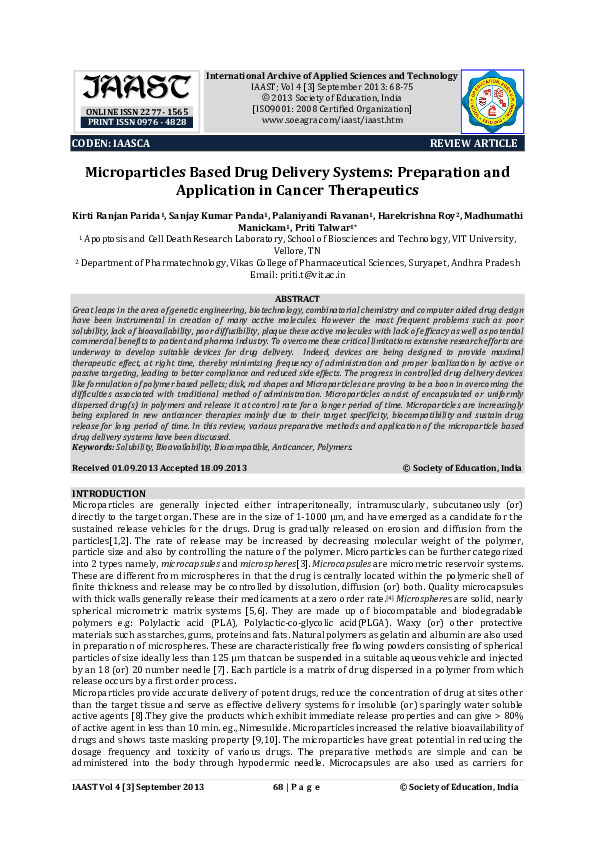 (PDF) Microparticles based drug delivery systems: preparation and application in cancer therapeutics