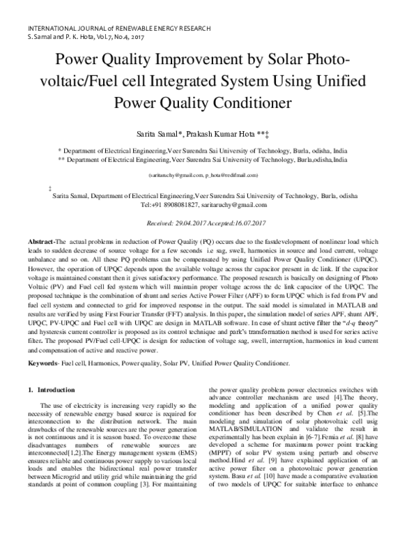 (PDF) Power Quality Improvement by Solar Photo-voltaic / Fuel Cell ...