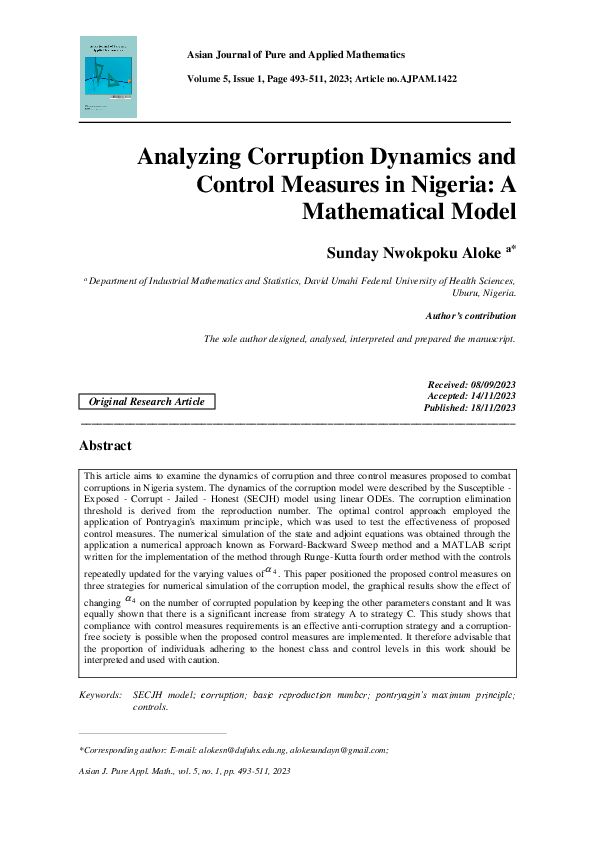 (PDF) Analyzing Corruption Dynamics and Control Measures in Nigeria: A Mathematical Model