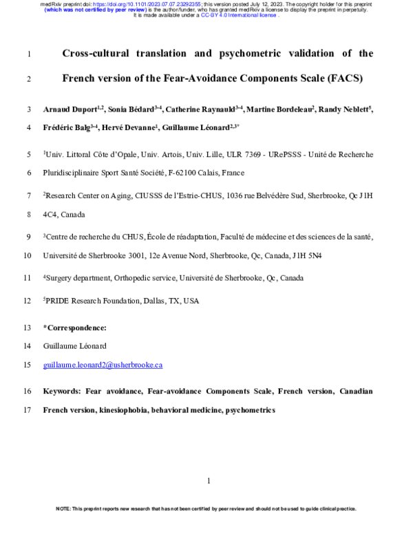 Pdf Cross Cultural Translation And Psychometric Validation Of The French Version Of The Fear