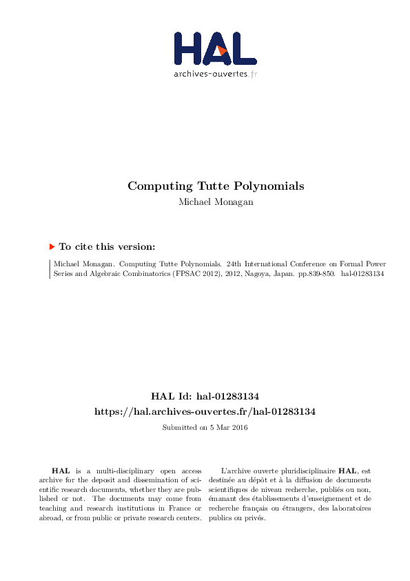 (PDF) Computing Tutte Polynomials | Michael Monagan - Academia.edu