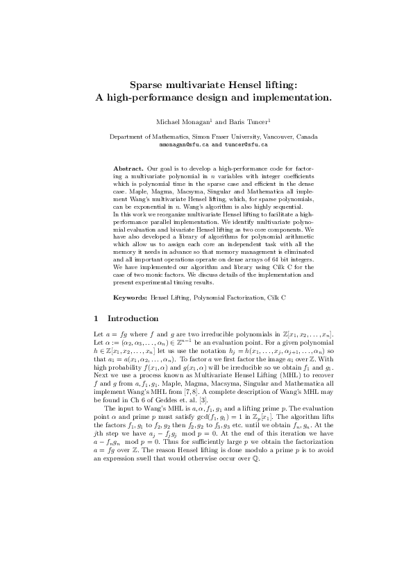 (PDF) Sparse Multivariate Hensel Lifting: A High-Performance Design and Implementation | Michael ...