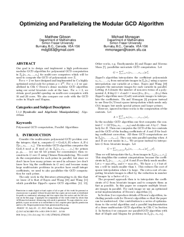 (PDF) Optimizing and parallelizing the modular GCD algorithm | Michael ... (PDF) Optimizing and parallelizing the modular GCD algorithm | Michael ...