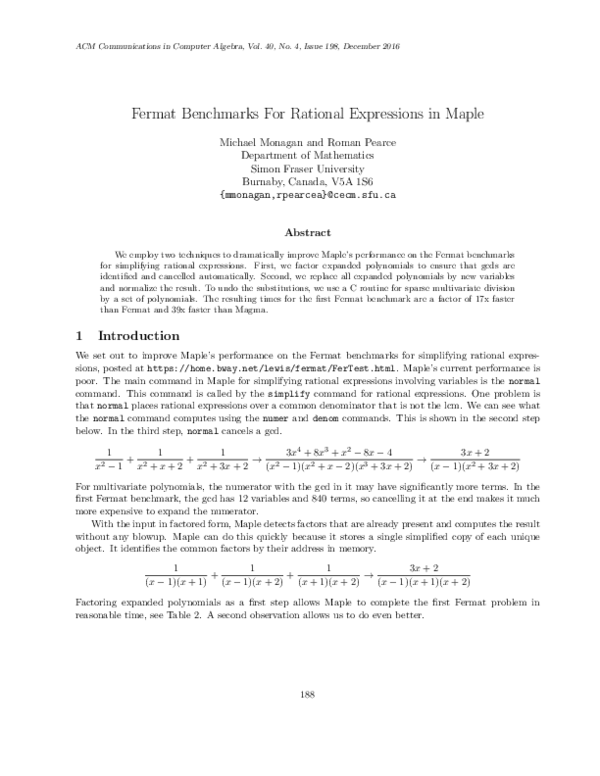 (PDF) Fermat benchmarks for rational expressionals in maple