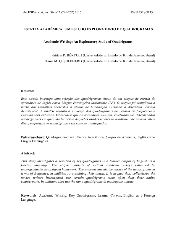 (PDF) Escrita Acadêmica: Um estudo exploratório de quadrigramas | tania ...