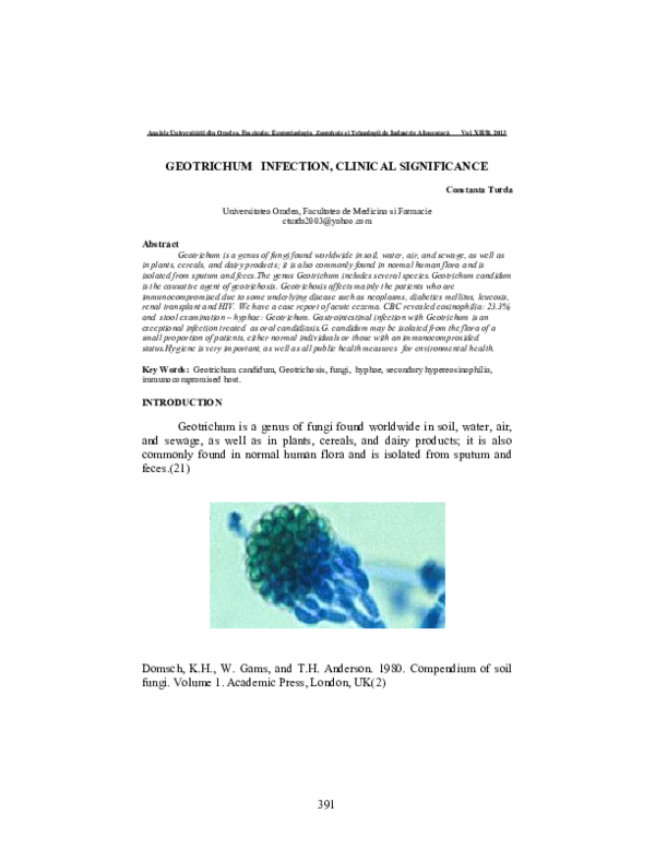 (PDF) Geotrichum infection, clinical significance