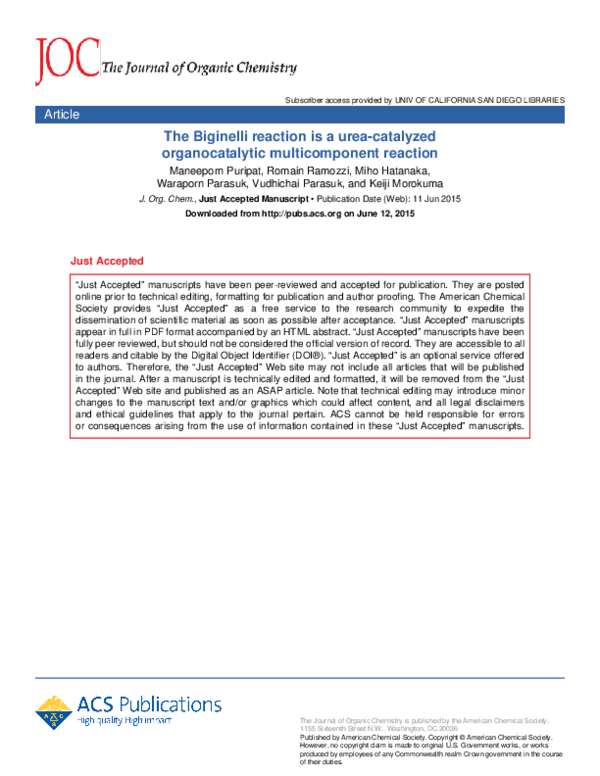 (PDF) The Biginelli Reaction Is a Urea-Catalyzed Organocatalytic ...