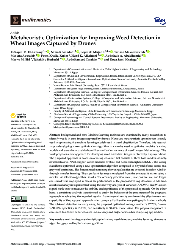 Pdf Metaheuristic Optimization For Improving Weed Detection In Wheat Images Captured By Drones