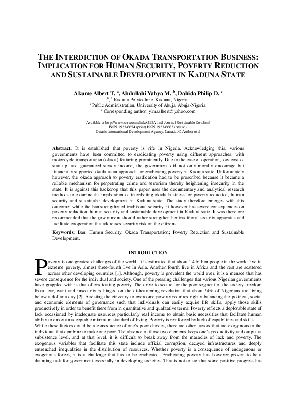 (PDF) The Interdiction of Okada Transportation Business: Implication ...