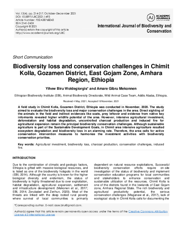 (PDF) Biodiversity loss and conservation challenges in Chimit Kolla, Gozamen District, East ...