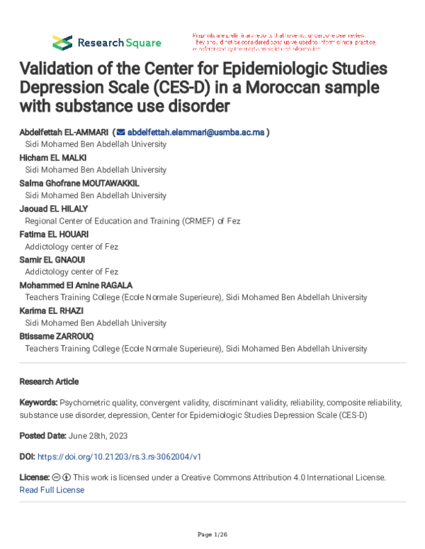 (PDF) Validation of the Center for Epidemiologic Studies Depression ...