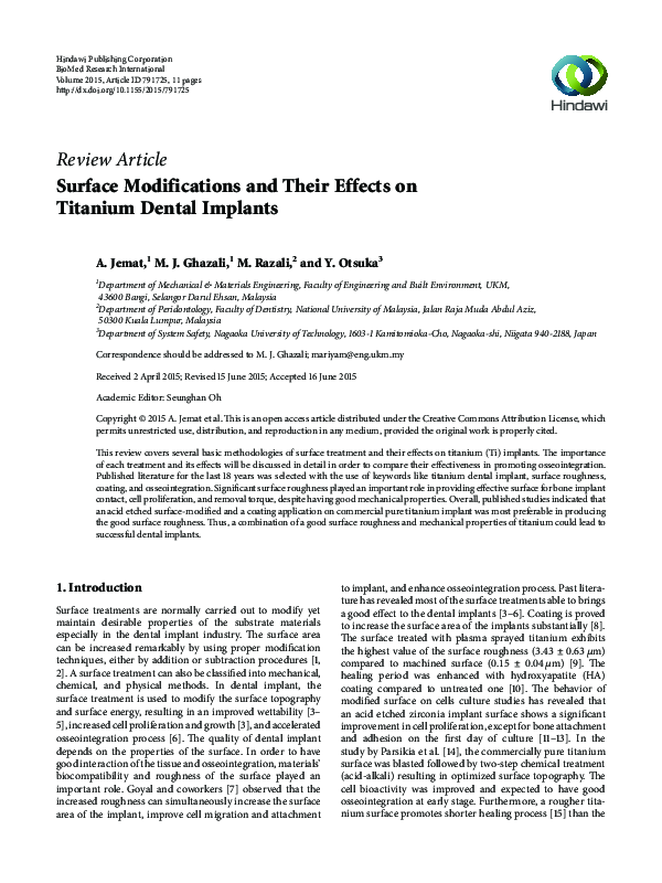 (PDF) Surface Modifications and Their Effects on Titanium Dental Implants