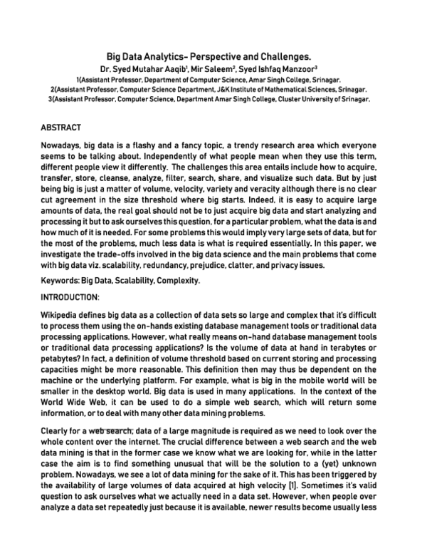 (PDF) Big Data Analytics-Perspective & Challenges