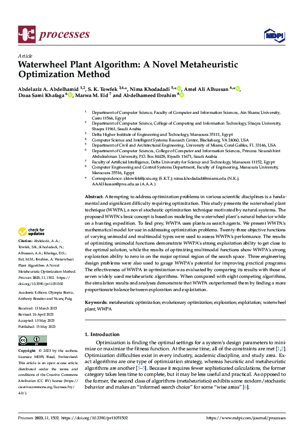 (PDF) Waterwheel Plant Algorithm: A Novel Metaheuristic Optimization Method