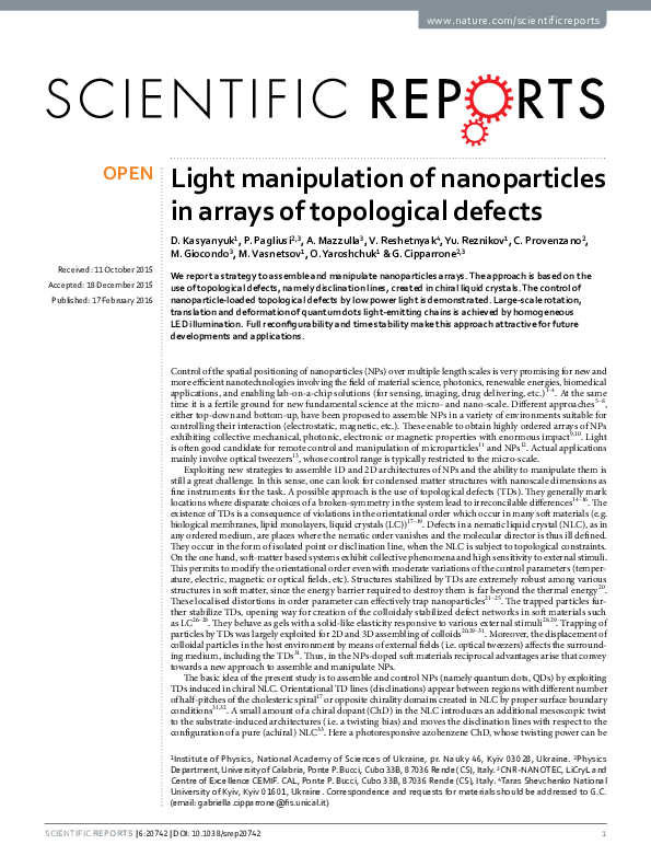 (PDF) Light manipulation of nanoparticles in arrays of topological defects