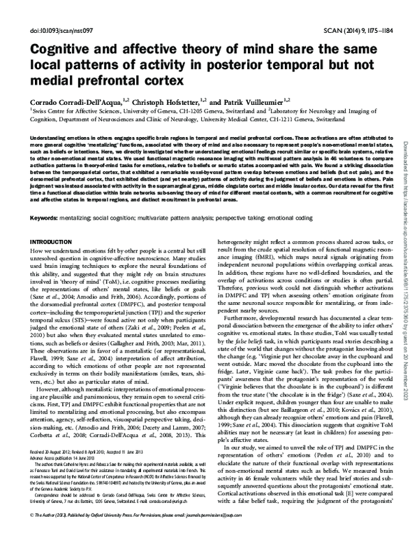 (PDF) Cognitive and affective theory of mind share the same local patterns of activity in ...