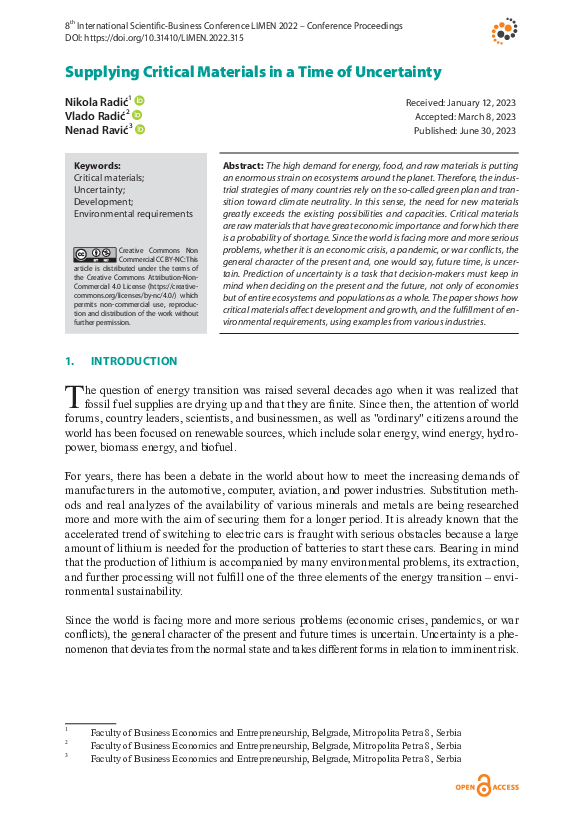 (PDF) Supplying Critical Materials in a Time of Uncertainty