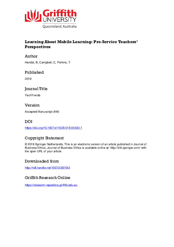 (PDF) Learning About Mobile Learning: Pre-Service Teachers’ Perspectives