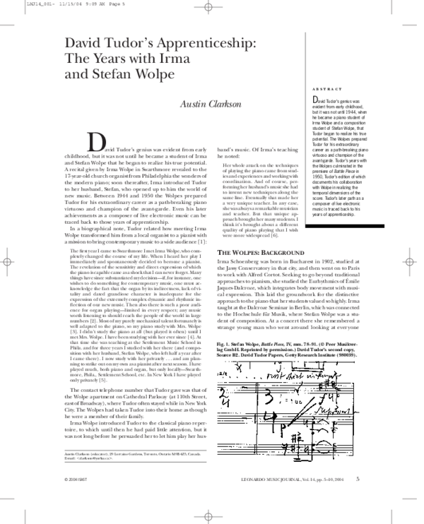 (PDF) David Tudor's Apprenticeship: The Years with Irma and Stefan Wolpe