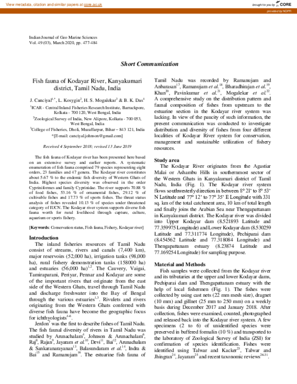(PDF) Fish fauna of Kodayar River, Kanyakumari district, Tamil Nadu, India