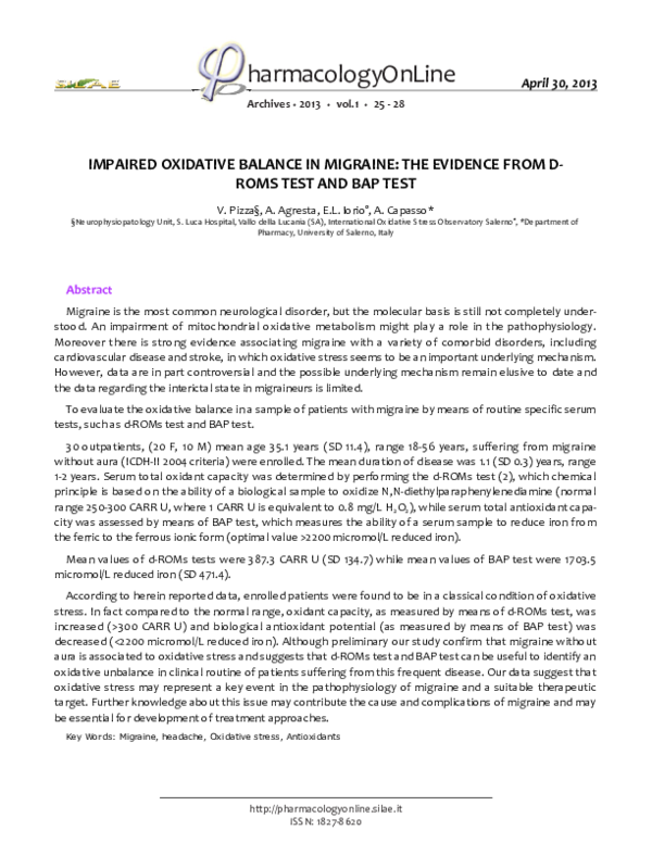(PDF) Impaired Oxidative Balance In Migraine: The Evidence From D-ROMs ...