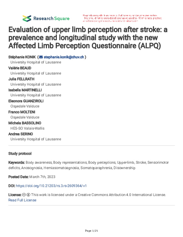 (PDF) Evaluation of upper limb perception after stroke: a prevalence and longitudinal study with ...