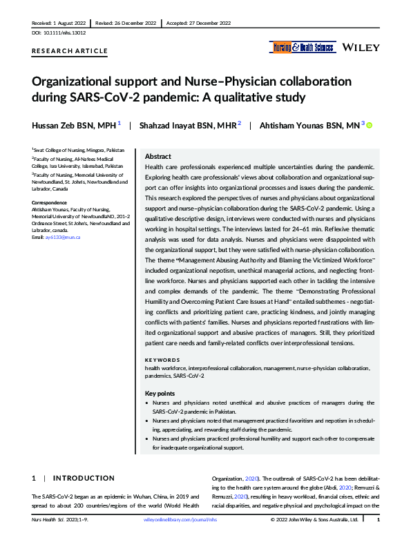 (PDF) Organizational support and Nurse–Physician collaboration during ...