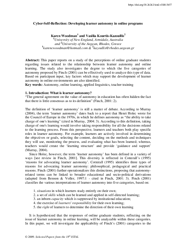 (PDF) Cyber-Self-Reflection: Developing learner autonomy in online programs