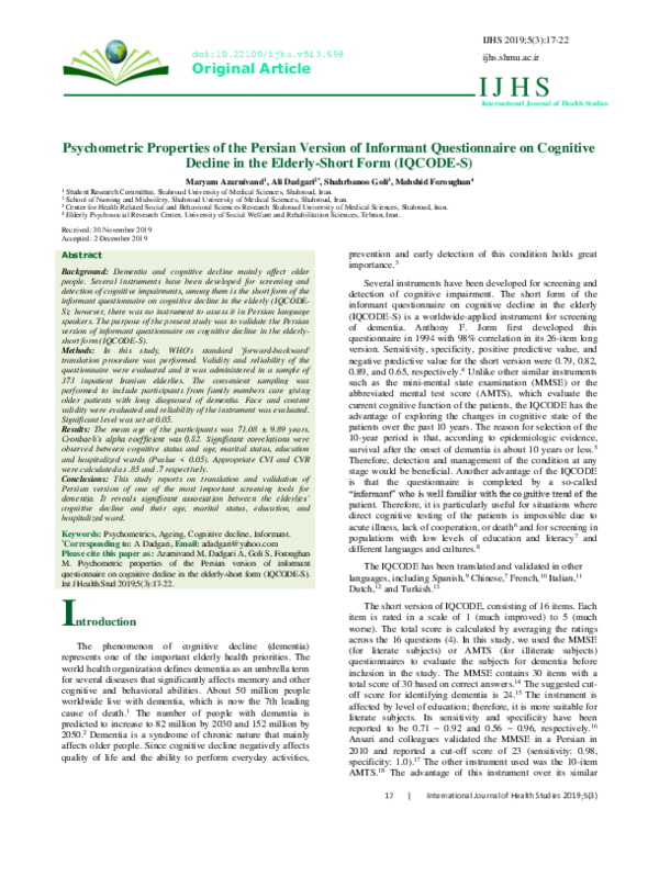 (PDF) Psychometric Properties of the Persian Version of Informant ...