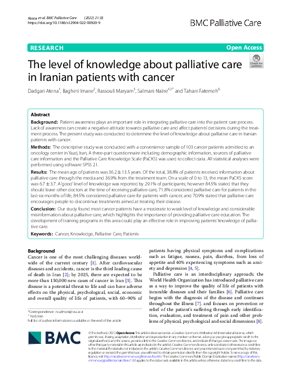 (PDF) The level of knowledge about palliative care in Iranian patients ...