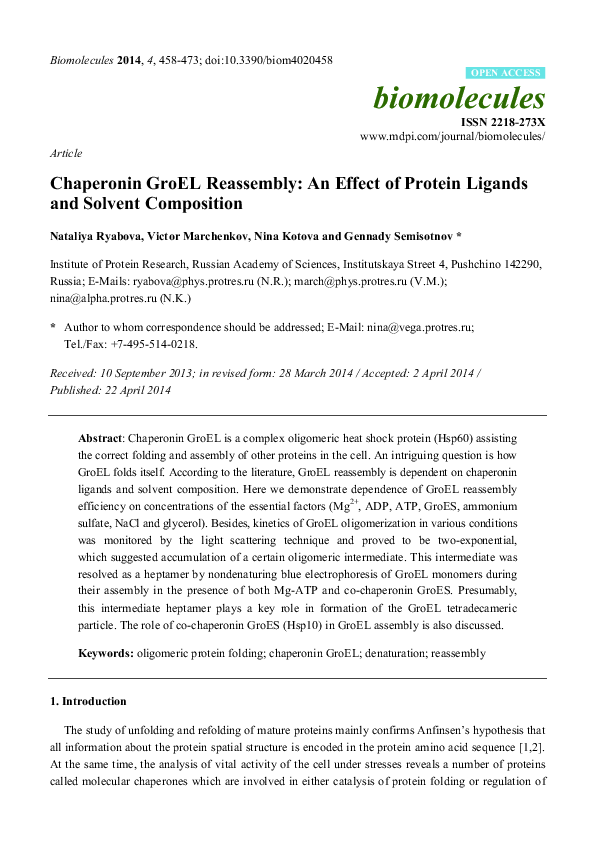 (PDF) Chaperonin GroEL Reassembly: An Effect of Protein Ligands and ...