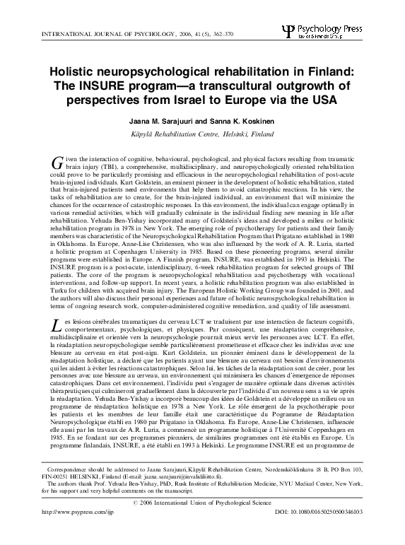 (PDF) Holistic neuropsychological rehabilitation in Finland: The INSURE ...