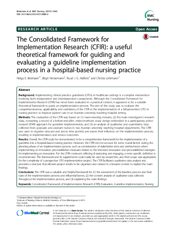 (PDF) The Consolidated Framework for Implementation Research (CFIR): a ... (PDF) The Consolidated Framework for Implementation Research (CFIR): a ...