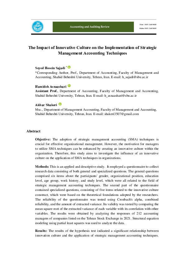 (PDF) The Impact of Innovative Culture on the Implementation of Strategic Management Accounting ...