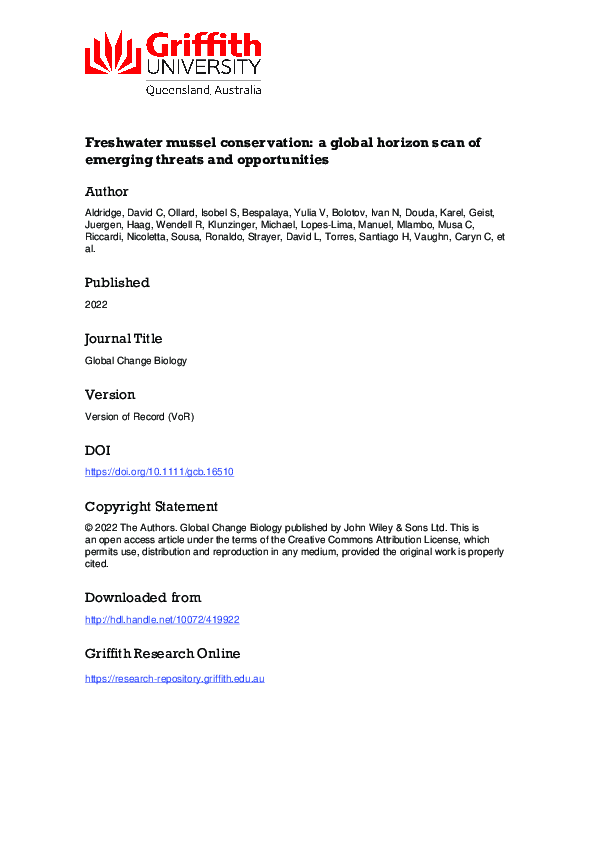 (PDF) Freshwater mussel conservation: A global horizon scan of emerging ...