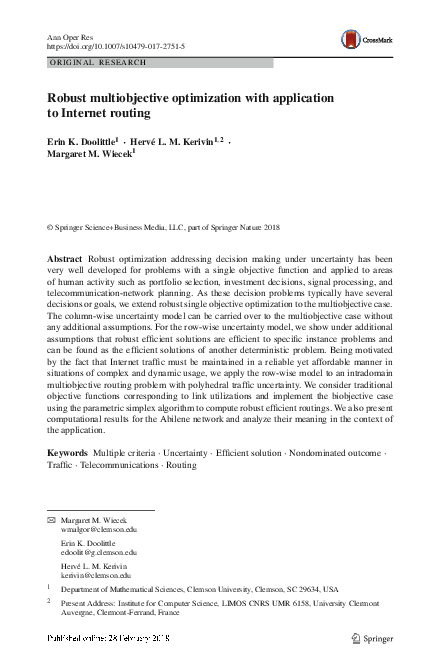 Pdf Robust Multiobjective Optimization With Application To Internet Routing