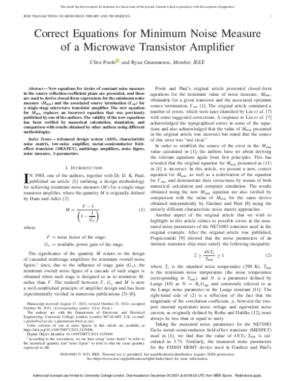 (PDF) Correct Equations for Minimum Noise Measure of a Microwave Transistor Amplifier | Clive ...