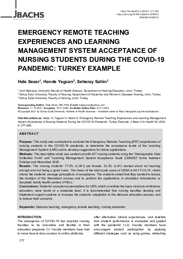 (PDF) Emergency Remote Teaching Experiences and Learning Management System Acceptance of Nursing ...