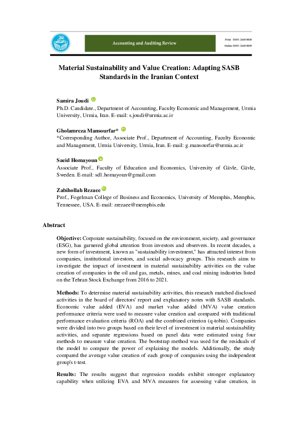 (PDF) Material Sustainability and Value Creation: Adapting SASB ...