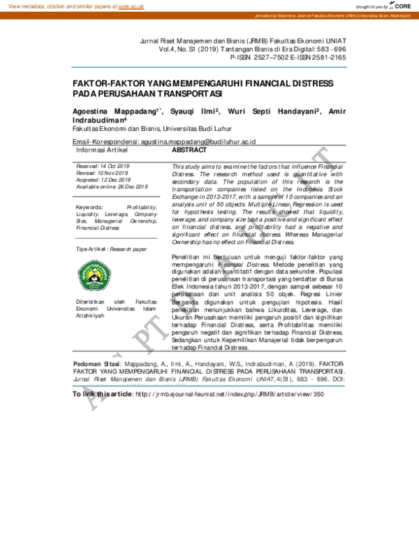(PDF) Faktor-Faktor Yang Mempengaruhi Financial Distress Pada Perusahaan Transportasi