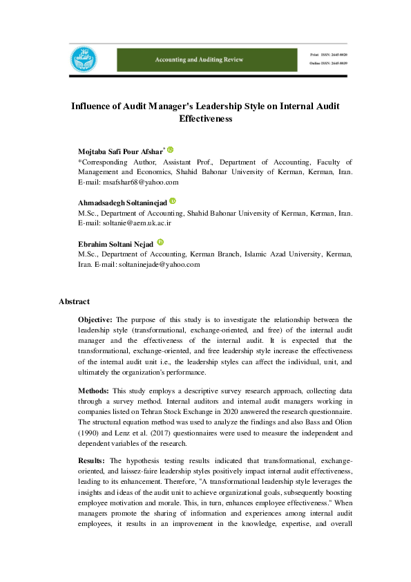 (PDF) Influence of Audit Manager's Leadership Style on Internal Audit ...
