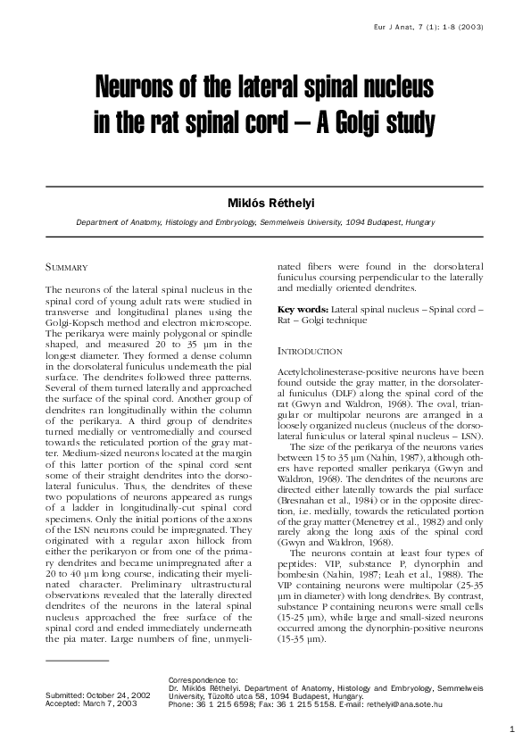 (PDF) Neurons of the lateral spinal nucleus in the rat spinal cord - A ...