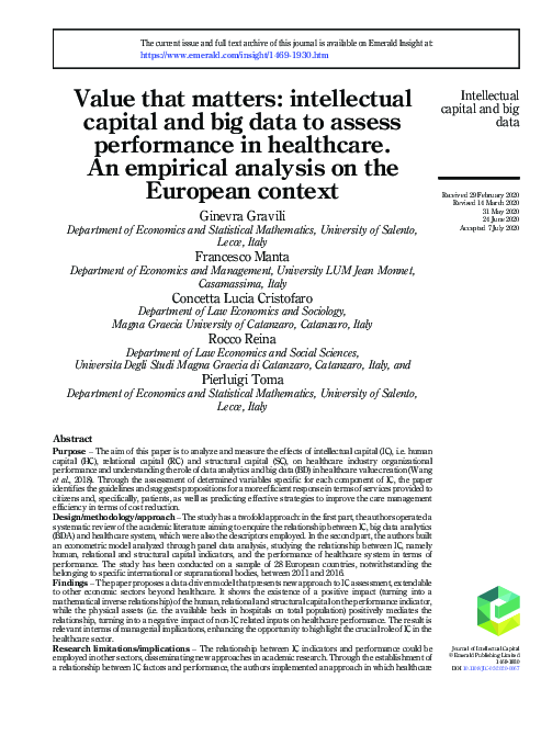 (PDF) Value that matters: intellectual capital and big data to assess performance in healthcare ...
