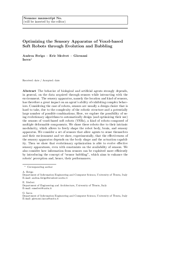 (PDF) Optimizing the Sensory Apparatus of Voxel-Based Soft Robots Through Evolution and Babbling