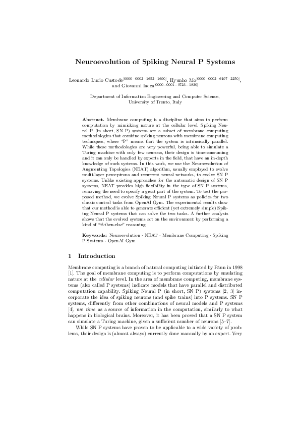 (PDF) Neuroevolution of Spiking Neural P Systems