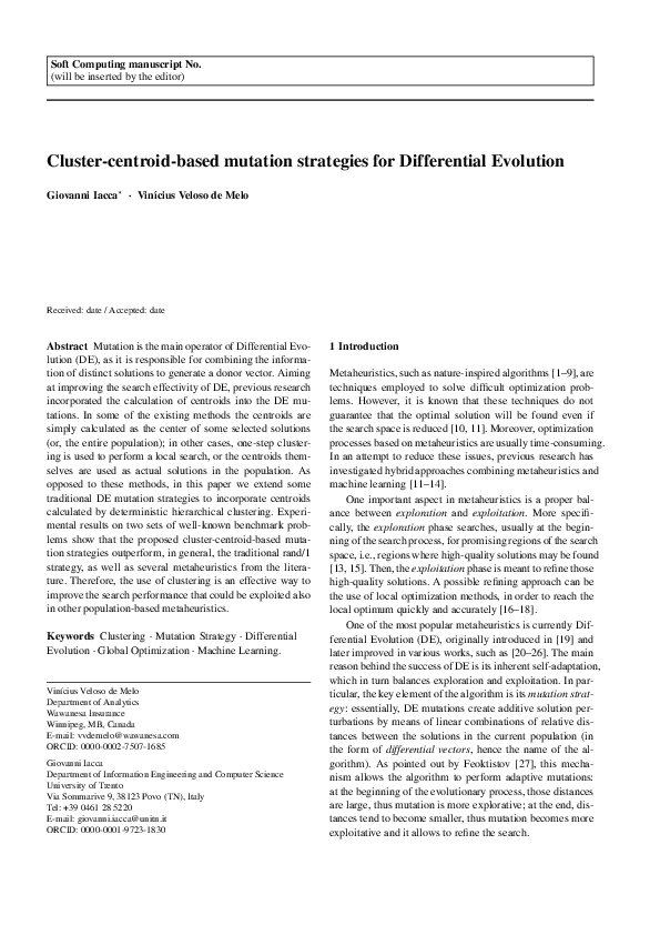 (PDF) Cluster-centroid-based mutation strategies for Differential Evolution