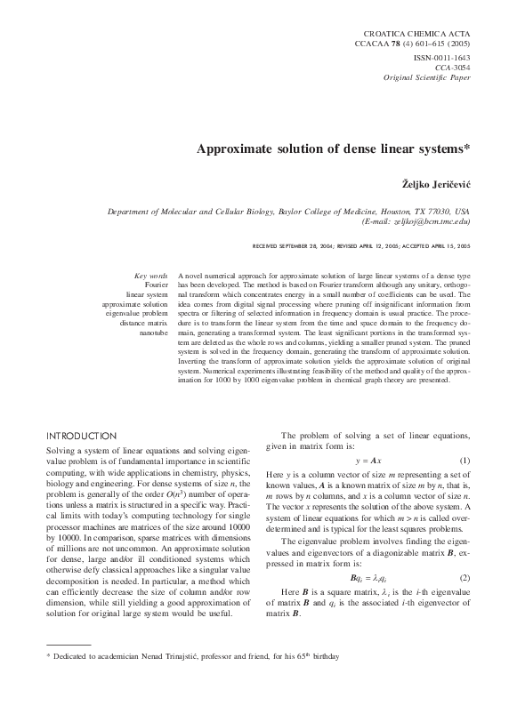 (PDF) Approximate solution of dense linear systems
