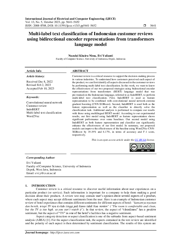 Pdf Multi Label Text Classification Of Indonesian Customer Reviews Using Bidirectional Encoder